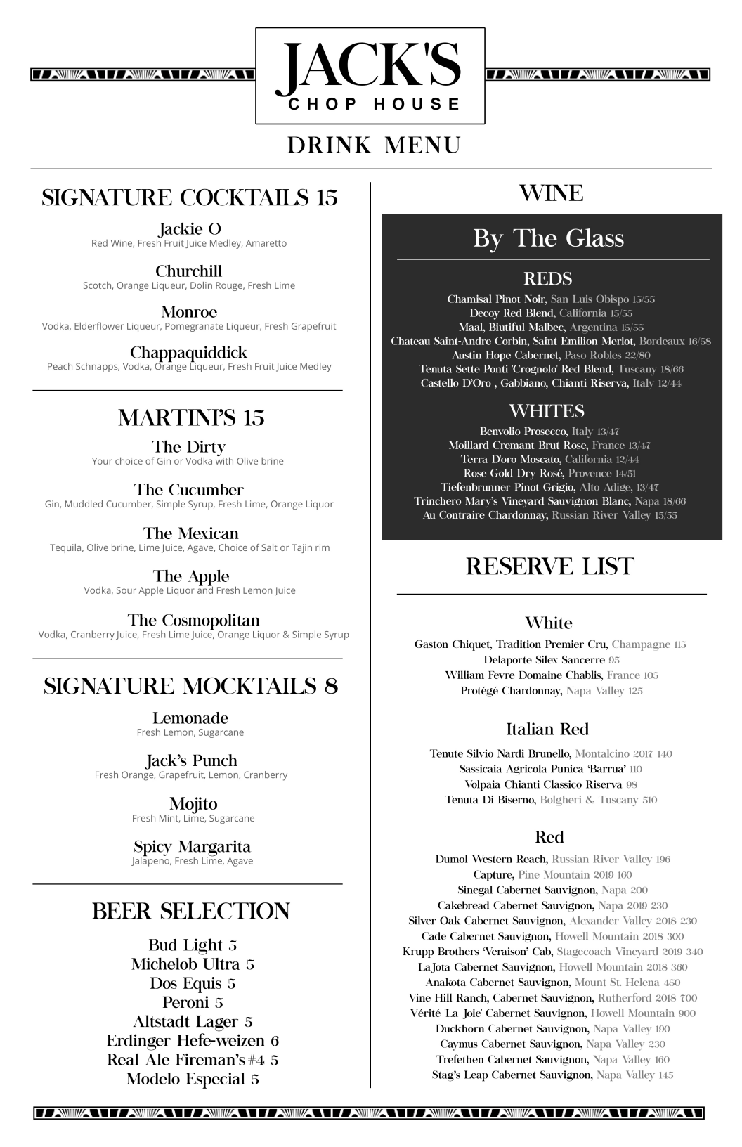 Drink Menu – Jacks Chophouse